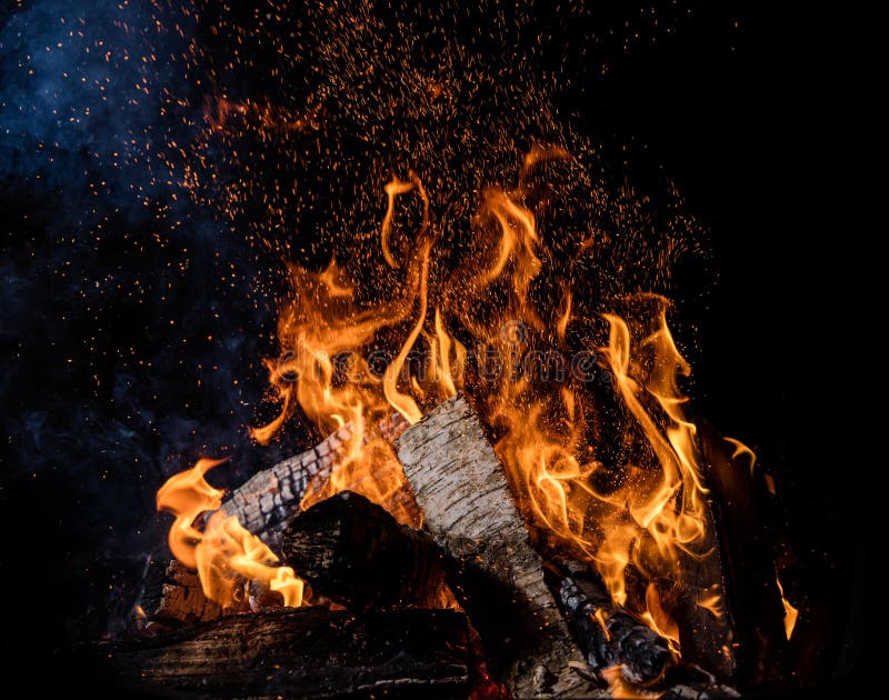 Burning Wooden Logs in Fire, Campfire on Black Stock Photo - Image of ...
