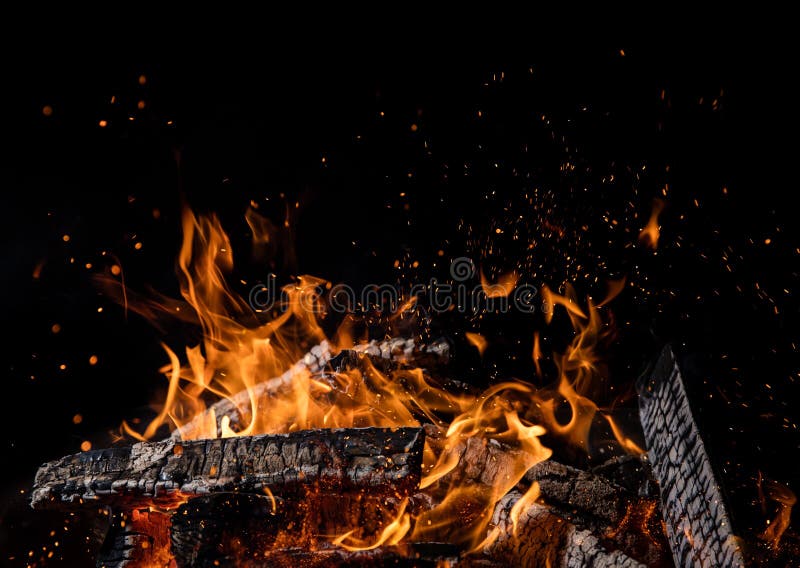 Burning Wooden Logs in Fire, Campfire on Black Stock Image - Image of ...