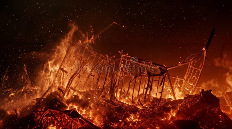 Burning Wooden Structure Engulfed in Flames at Night Stock Image ...