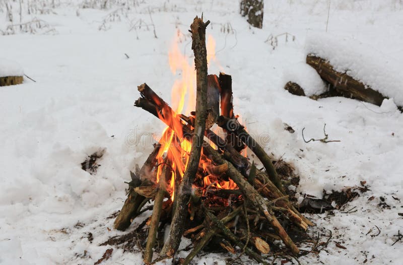 Fire on snowy meadow stock photo. Image of energy, flames - 219144634