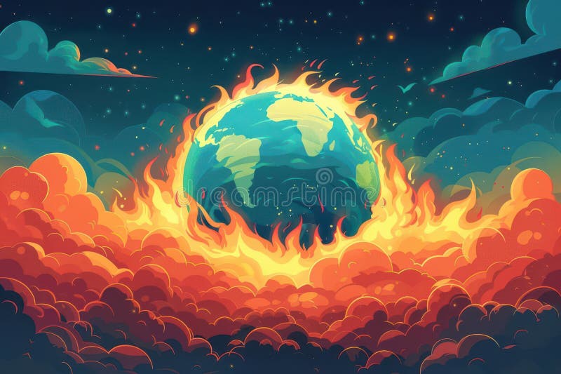 Burning World a Flat Illustration of Earth Engulfed in Flames, with a ...