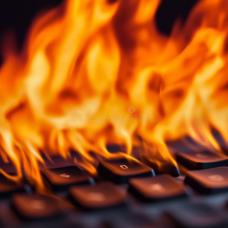 Burnout at the Desk Concept Burning Keyboard with Flames Engulfing the ...