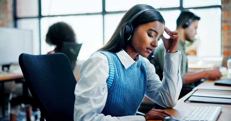 Burnout, Headache and Stress with Woman in Call Center for Assistance ...