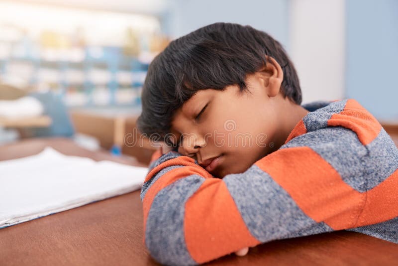 Burnout, School and Sleeping with Boy Student in Classroom at Desk for ...