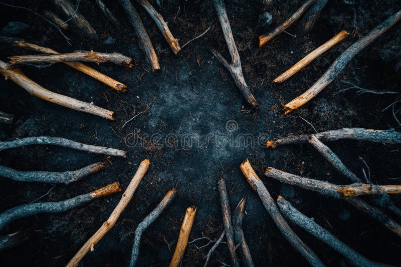 Burnt Branches Arranged in a Circular Pattern on Dark Ground Stock ...
