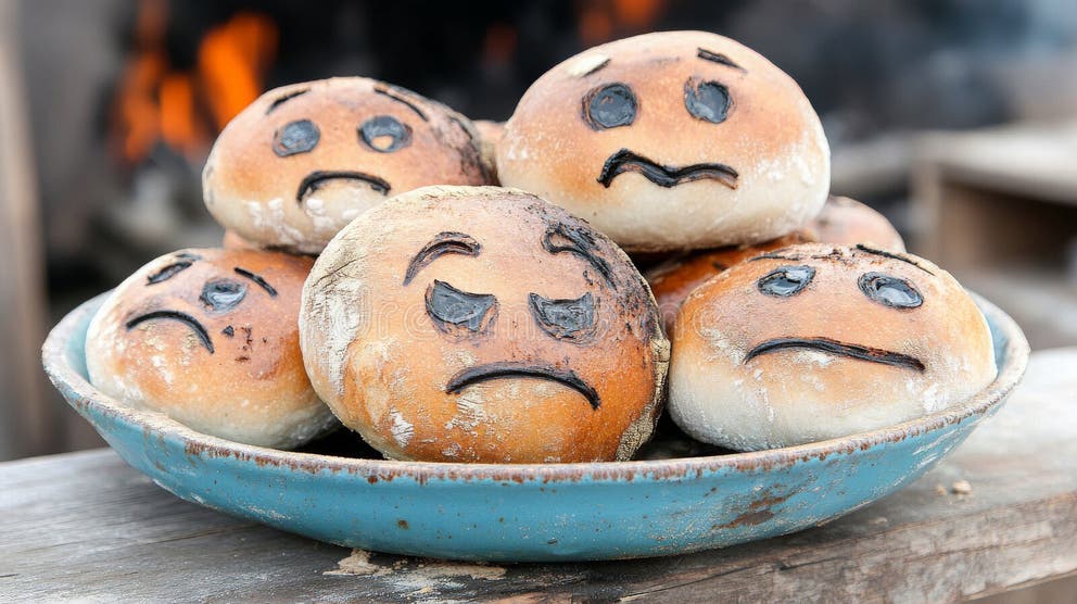 Burnt Bread on a Plate Has Sad Faces Drawn Onto it Stock Image - Image ...