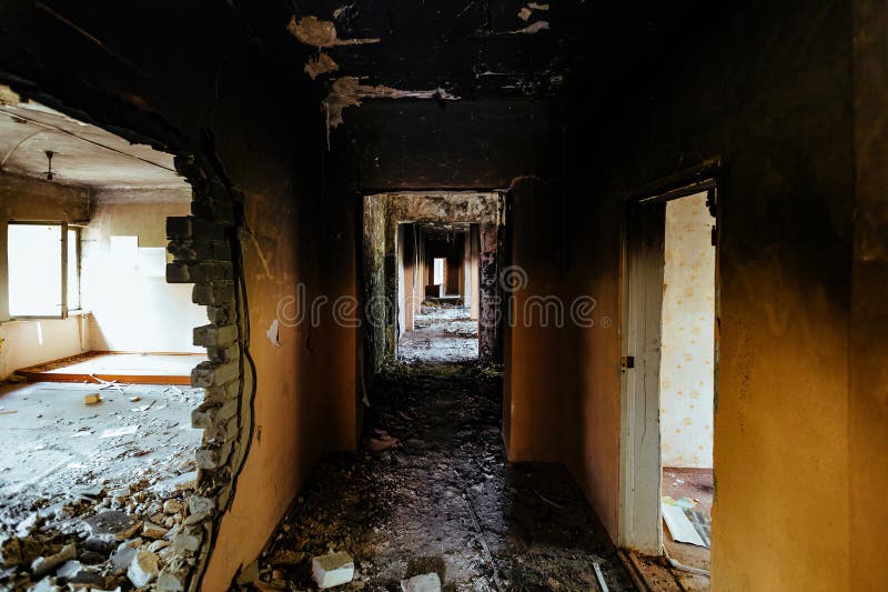 Burnt Building Interior. Ruined Corridor Walls in Black Soot Stock ...