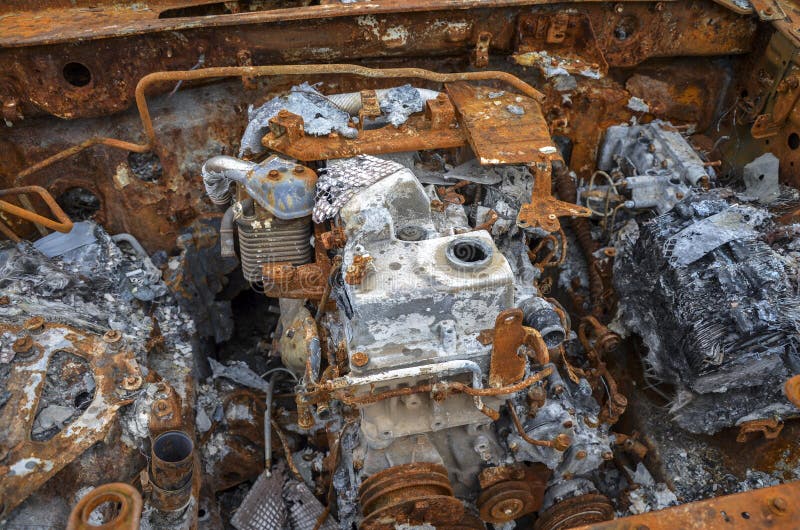 A Burnt Car Engine after a Fire or an Accident Stock Photo - Image of ...