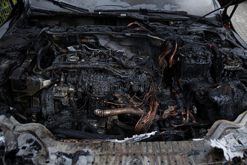 Burnt Destroyed Car Engine after Fire. Stock Photo - Image of accident ...