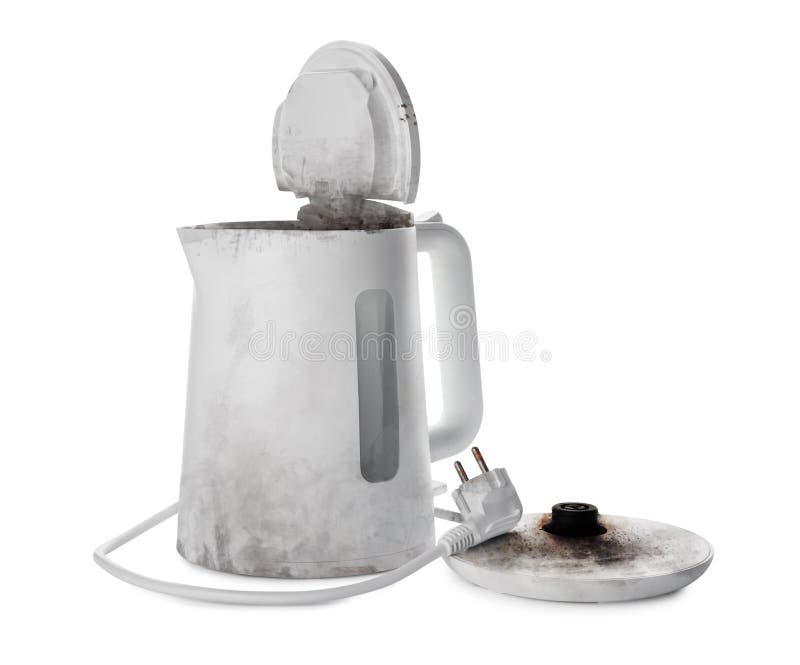Burnt Electric Kettle with Base and Plug on White Background Stock ...
