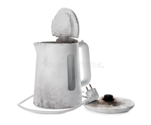 Burnt Electric Kettle with Base and Plug on White Background Stock ...