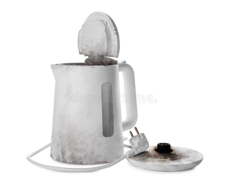 Burnt Electric Kettle with Base and Plug on White Background Stock ...