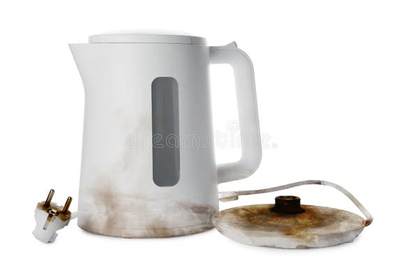 Burnt Electric Kettle with Base and Plug on White Background Stock ...