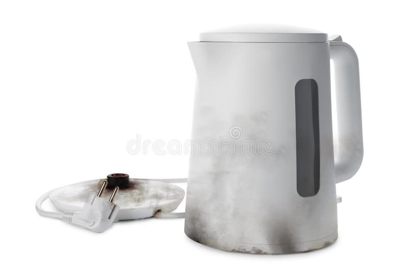 Burnt Electric Kettle with Base and Plug on White Background Stock ...