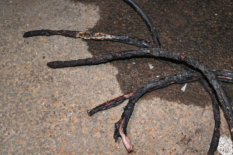 Burnt Electrical Wires on Concrete Stock Photo - Image of malfunction ...