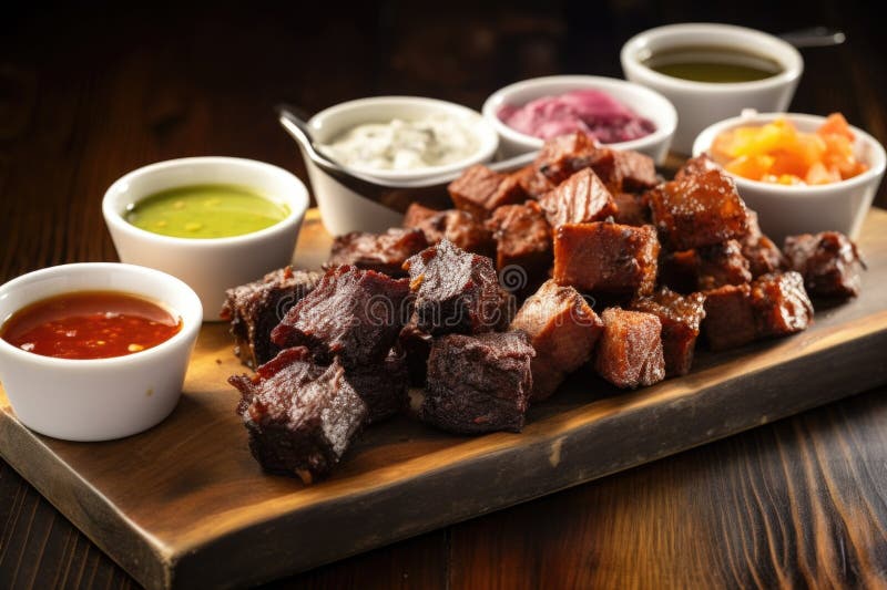Burnt Ends Surrounded by Mouthwatering Dipping Sauces Stock Photo ...