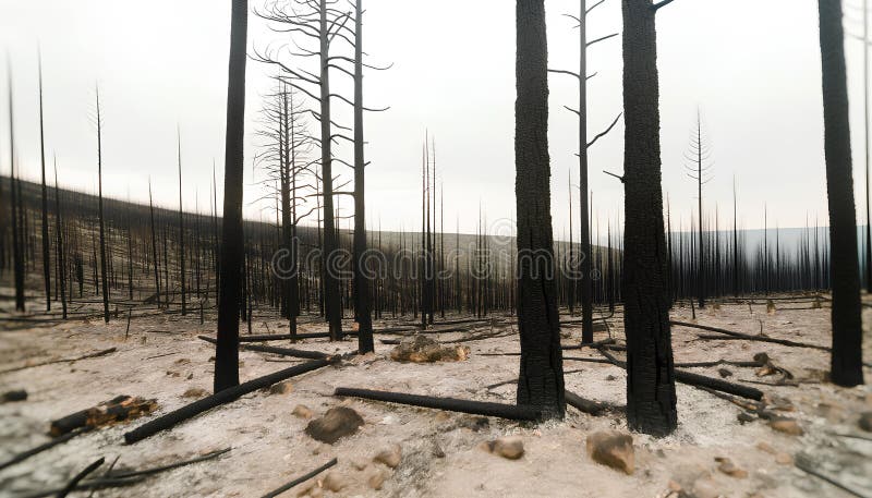 Burnt Forest Landscape, Burnt and Blackened Tree Trunks Stock ...