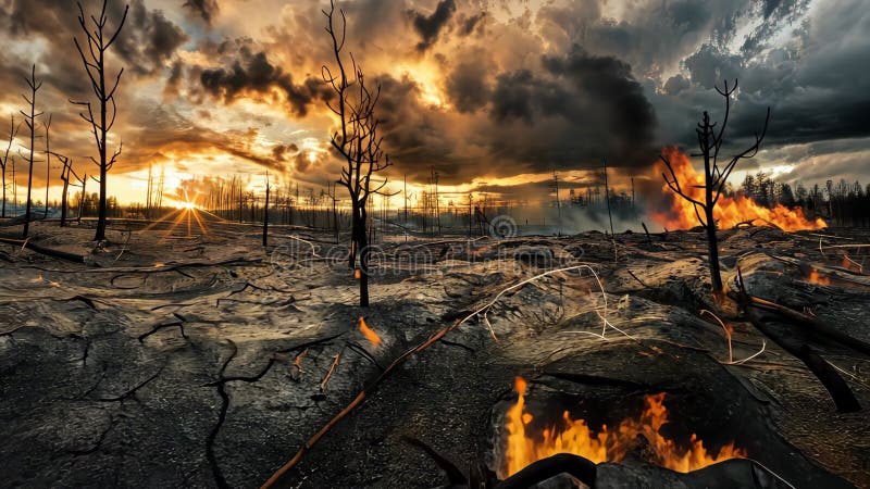 Burnt Forest Landscape at Sunset, Environmental Devastation Concept ...