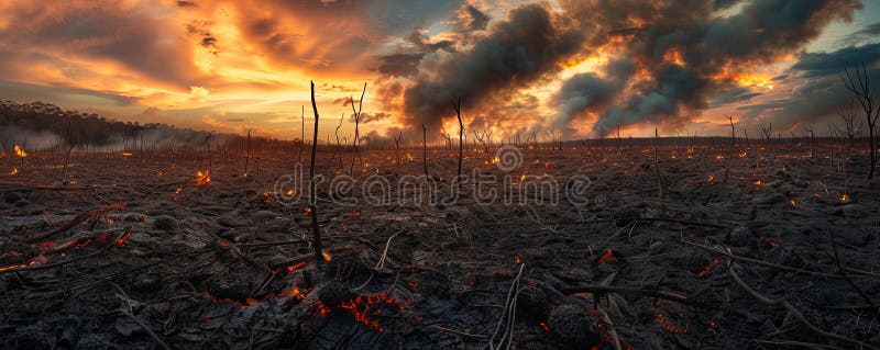 Burnt Forest Landscape at Sunset with Smoke and Embers, Environmental ...