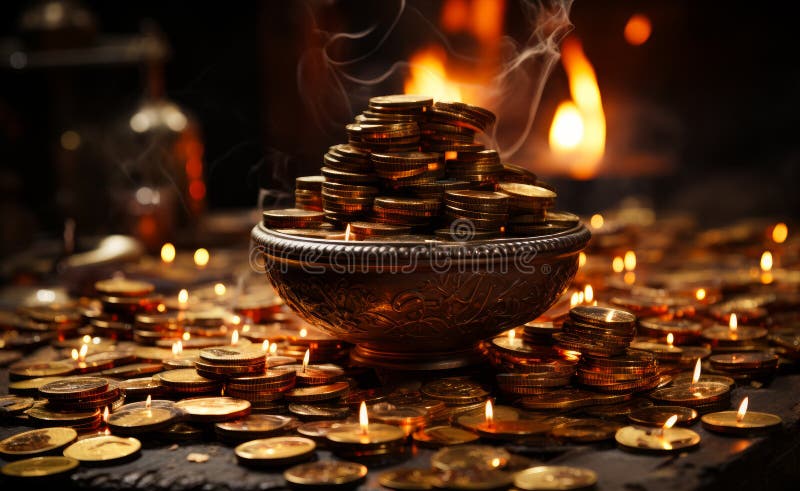 Burnt Gold Coins on Fire on a Table. a Bowl Full of Gold Coins Sitting ...
