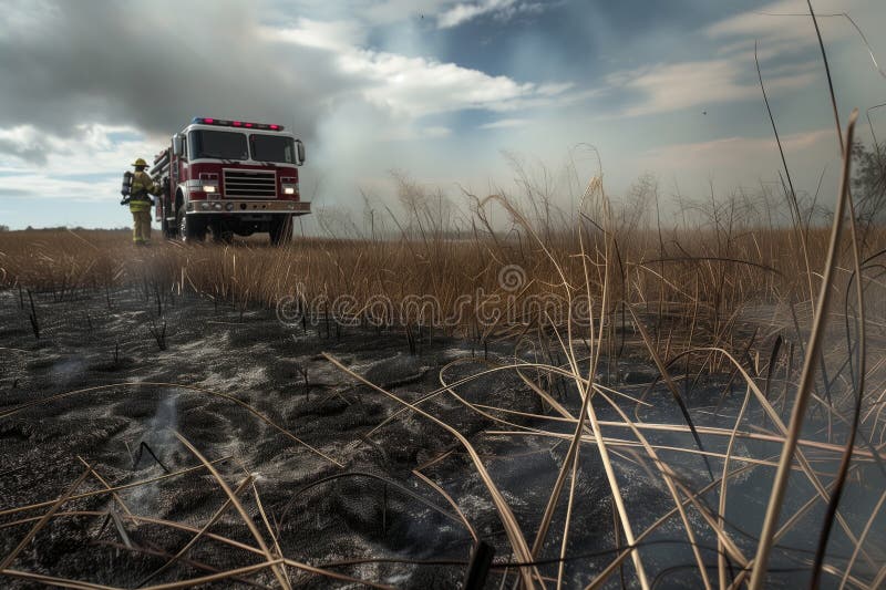 Burnt Grass with Fire Truck and Crew in Action Behind Stock Image ...