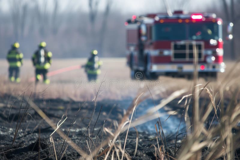 Burnt Grass with Fire Truck and Crew in Action Behind Stock Photo ...