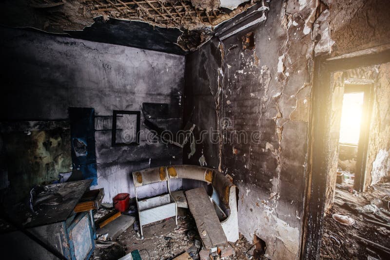Burnt House Interior. Consequences of Fire or War Stock Image - Image ...
