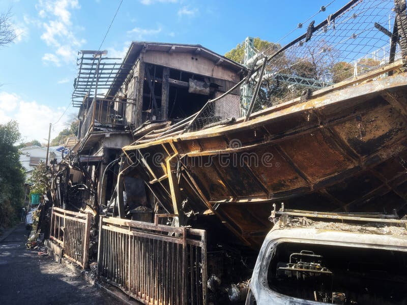 Burnt House with Car in Japan. Charred House. Fire Stock Photo - Image ...