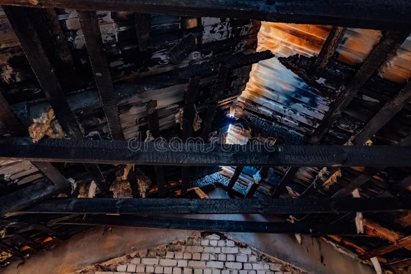 Burnt House, Remnants of Roof, Consequences of Fire Stock Photo - Image ...