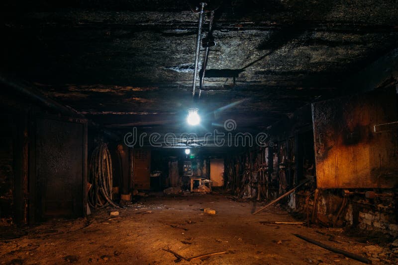 Burnt Interior of Industrial Building Basement. Walls in Black Soot ...