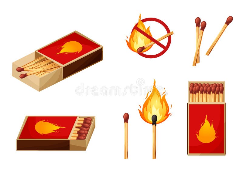 Burnt Match Stick with Fire. Whole, Ignite Wooden Matchstick. Cartoon ...