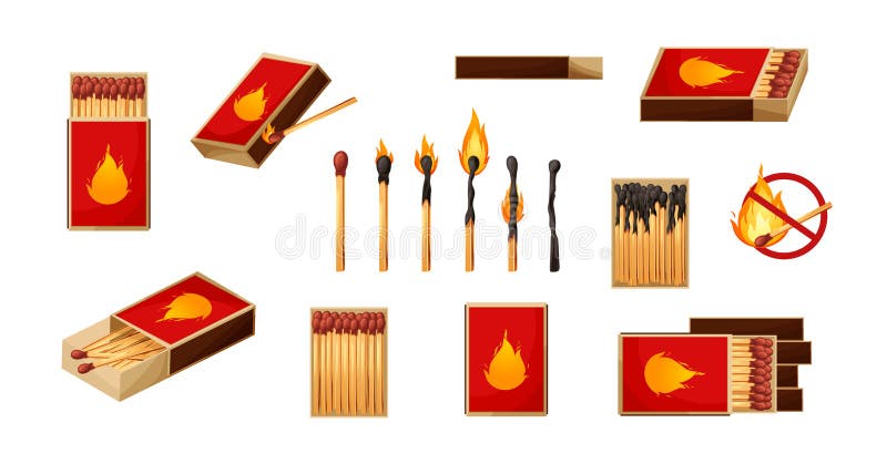 Burnt Match Stick with Fire and Matchbox. Set of Boxes, Opened and ...