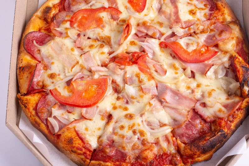 Burnt Meat Pizza in a Box on a White Background Stock Photo - Image of ...