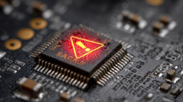 Burnt Microchip with Blinking Red Light and Warning Mark Indicating ...
