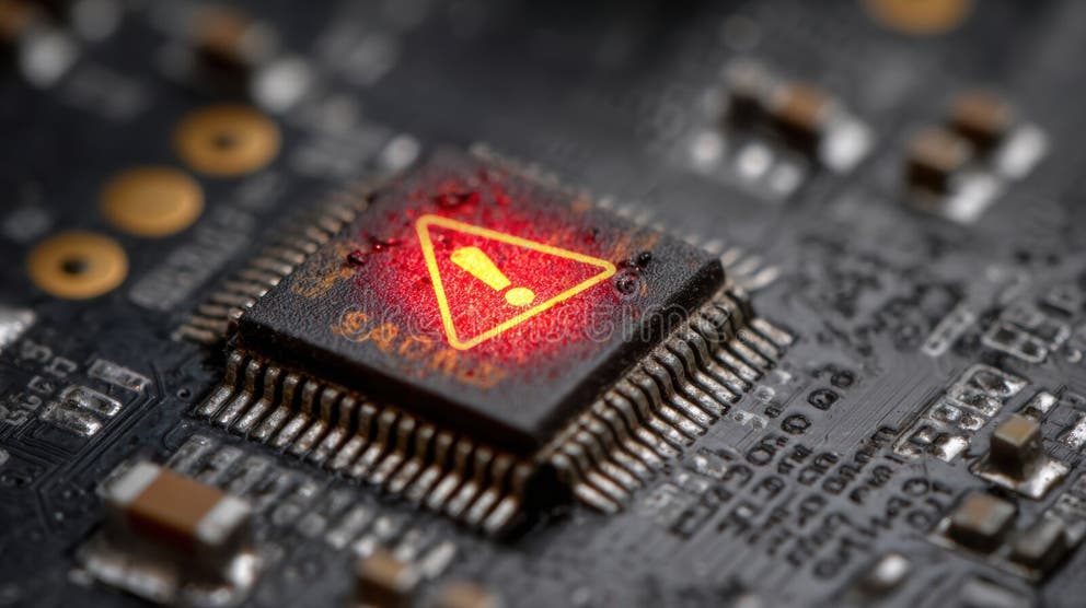 Burnt Microchip with Blinking Red Light and Warning Mark Indicating ...