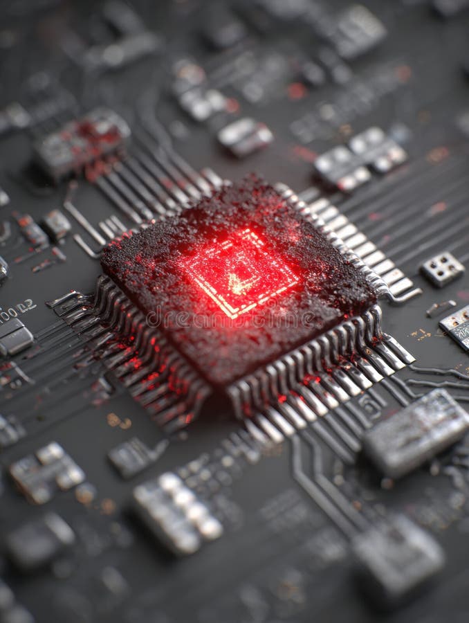 Burnt Microchip Displaying Red Blinking Light and Warning Mark ...