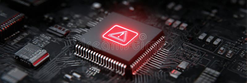 Burnt Microchip with Red Light and Warning Mark Indicating Malfunction ...