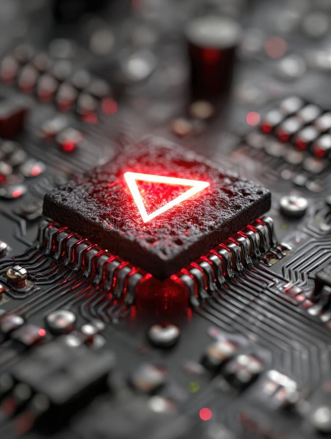 Burnt Microchip with Red Blinking Light and Warning Sign Indicating ...