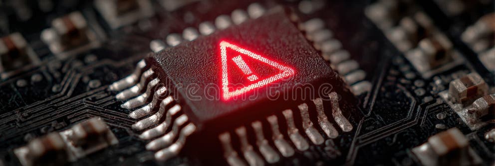Burnt Microchip with Red Blinking Light and Warning Mark Indicating ...