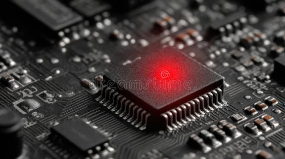 Burnt Microchip with Red Blinking Light and Warning Mark Showing ...