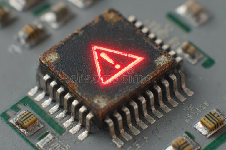 Burnt Microchip with Red Blinking Light and Warning Mark Indicating ...