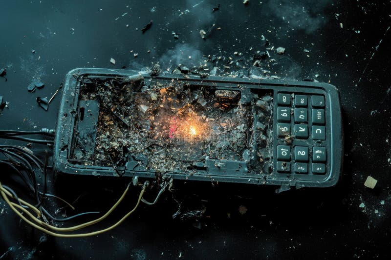 Burnt Mobile Phone Exploding on Black Surface with Smoke and Sparks ...