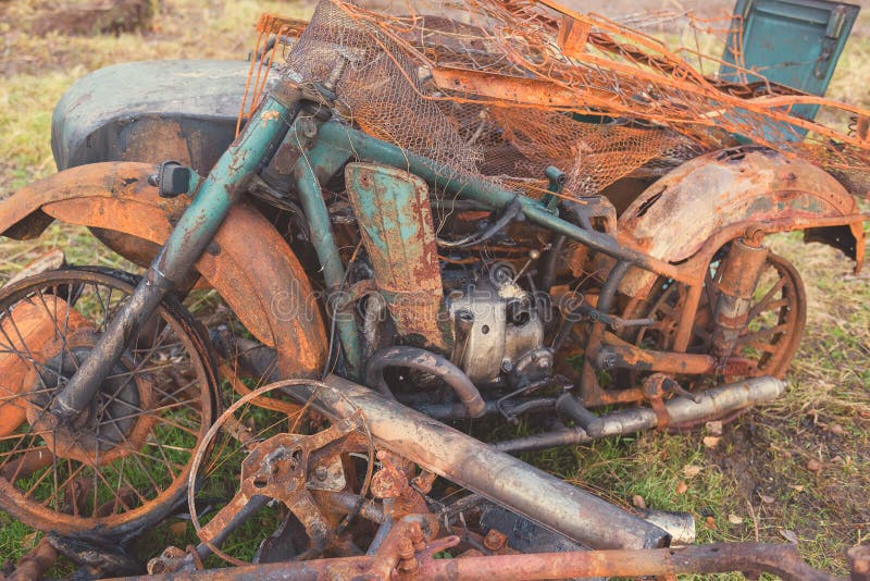 Burnt Motorcycle Uncovers Rusted Parts. Stock Image - Image of metal ...