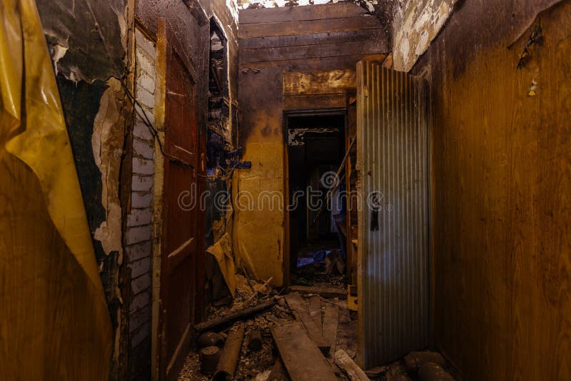 Burnt Old House Interior. Consequences of Fire Stock Photo - Image of ...