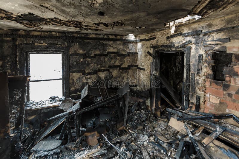 Burnt Old House Interior. Consequences of Fire Stock Image - Image of ...