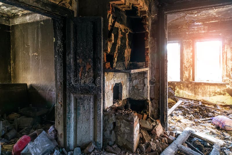 Burnt Old Rural House Interior. Consequences of Fire Stock Image ...