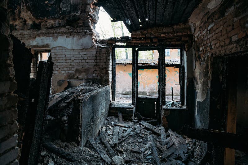 Burnt Old House Interior. Consequences of Fire Stock Photo - Image of ...