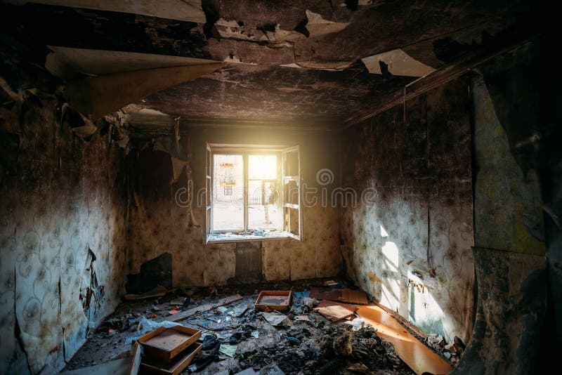 Burnt Old House Interior. Consequences of Fire Stock Image - Image of ...