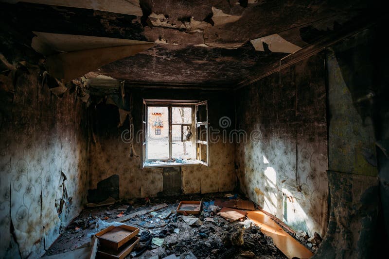 Burnt and Collapsed Old House Interior. Consequences of Fire Stock ...
