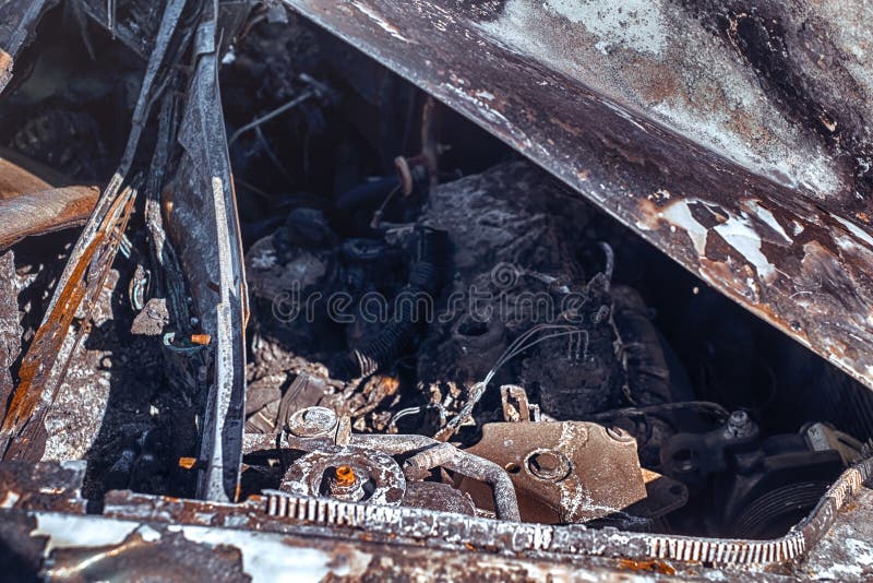 Burnt out car engine stock photo. Image of junkyard - 180786506
